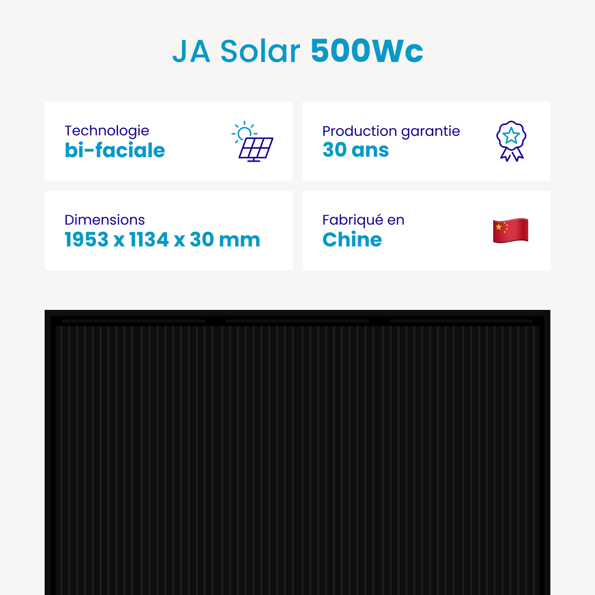 Panneau Solaire JA Solar 500Wc bifacial au Meilleur Prix