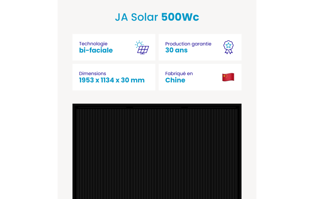 Panneau Solaire JA Solar 500Wc bifacial au Meilleur Prix